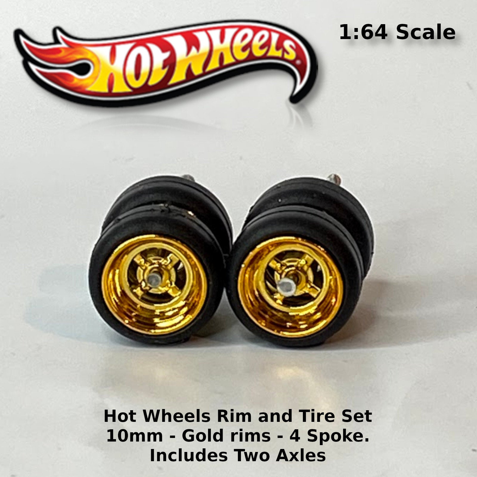 Hot Wheels 10mm/10mm JDM Gold rims 4 spoke rubber tire set ...