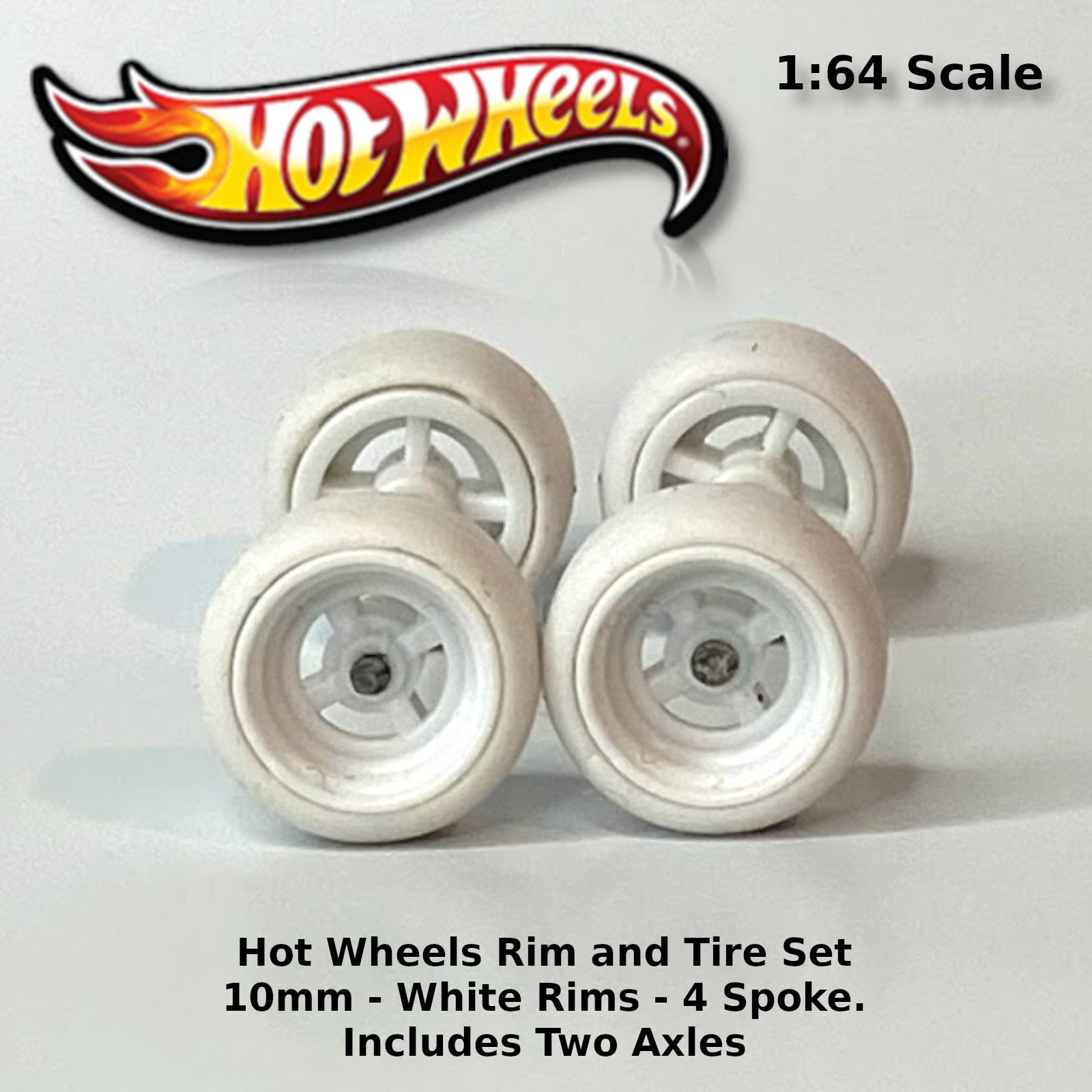 Hot Wheels 10mm/10mm JDM White rims 4 spoke rubber tire set ...