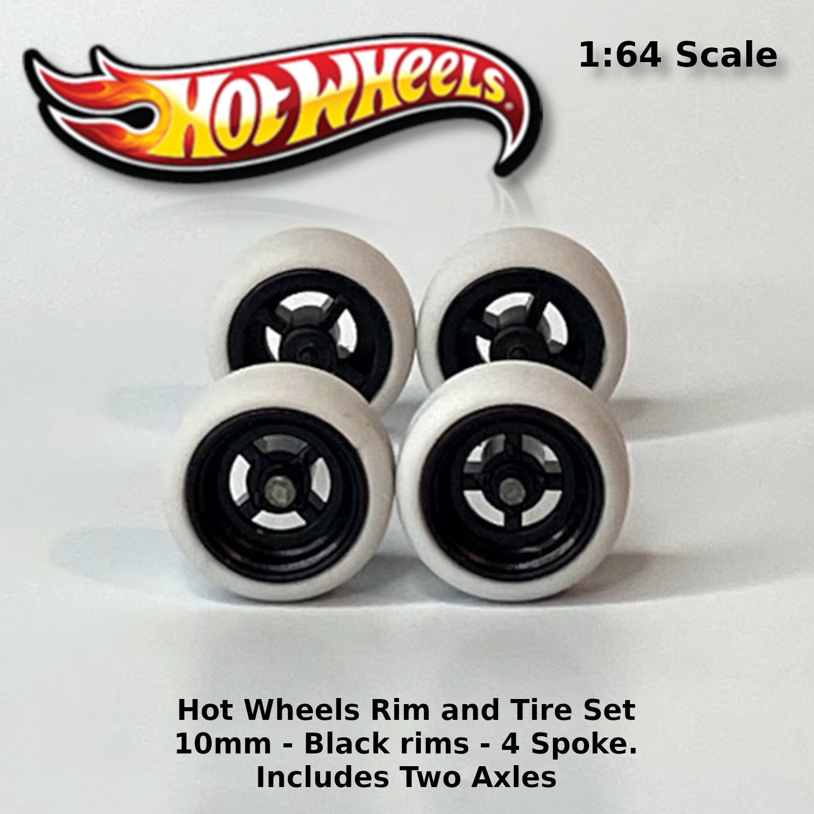 Hot Wheels 10mm/10mm JDM Black rims 4 spoke rubber tire set ...