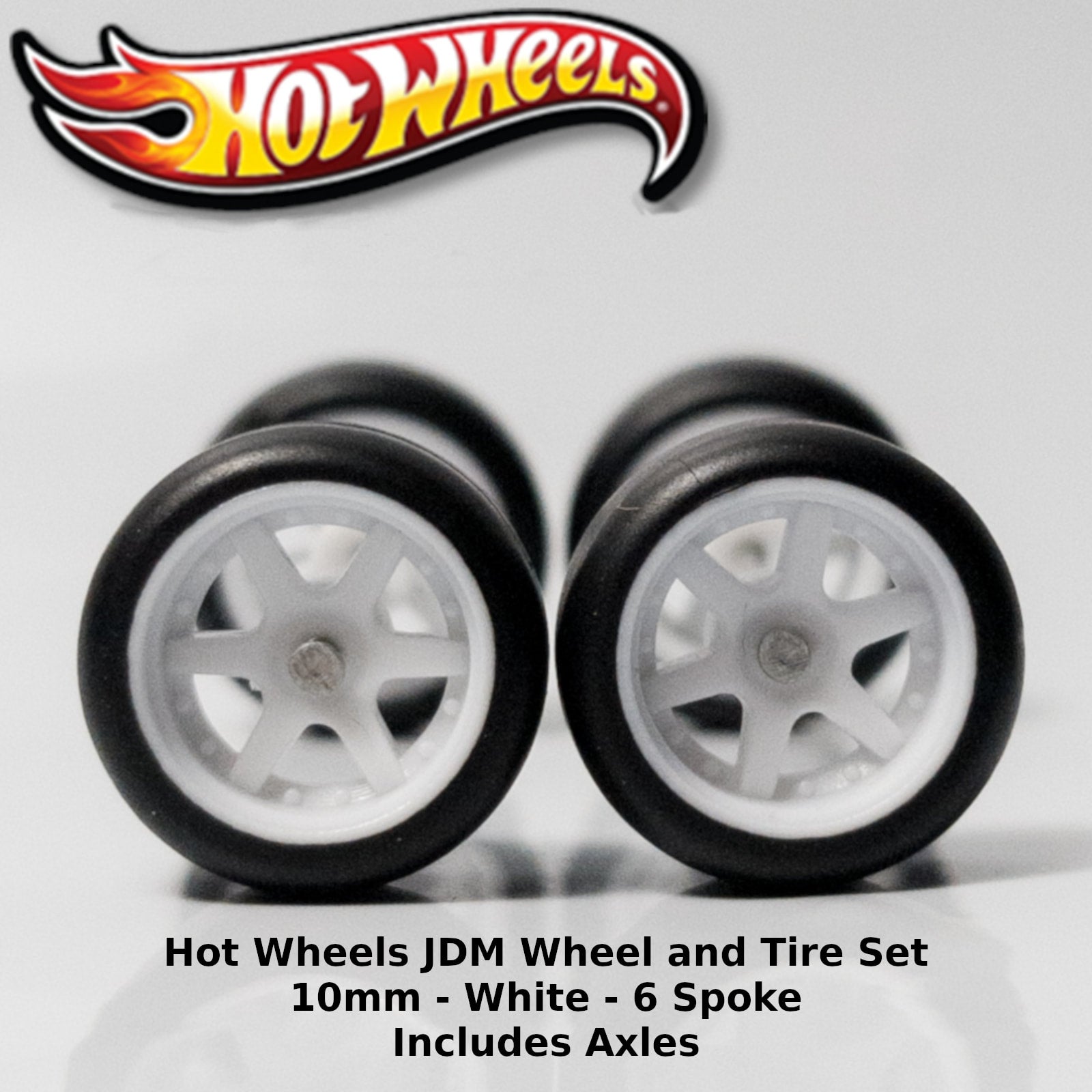 Hot Wheels 10mm/10mm JDM White rims 6 spoke rubber tire set ...