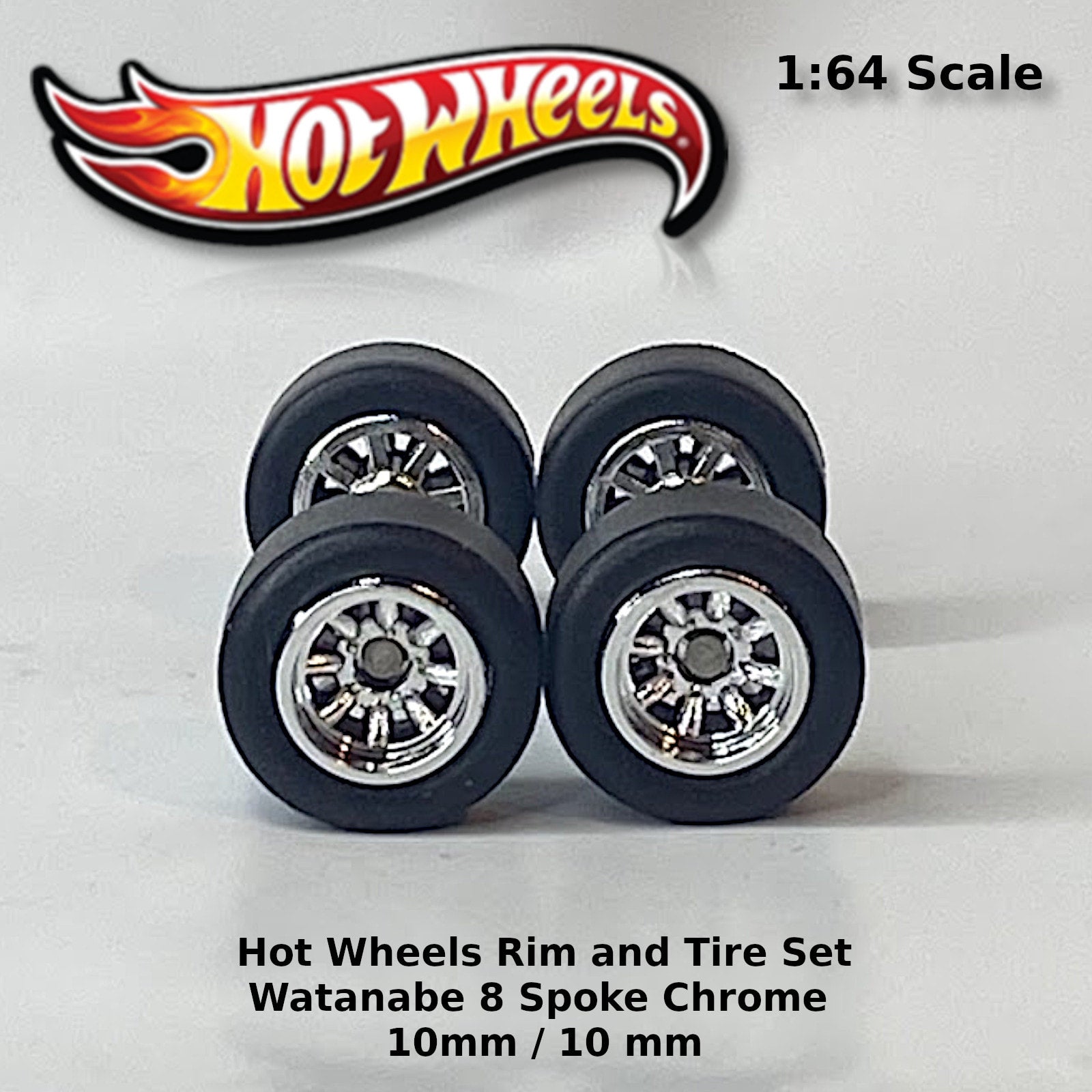 Hot Wheels 10mm/10mm Watanabe Chrome rims 8 spoke rubber tire set ...