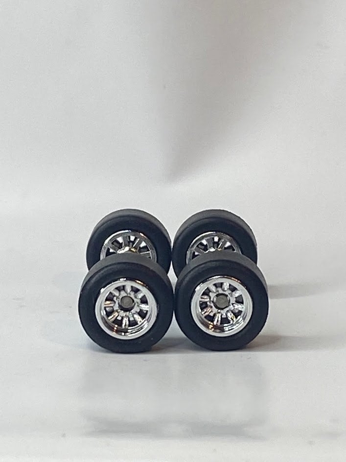 Hot Wheels 10mm/10mm Watanabe Chrome rims 8 spoke rubber tire set ...