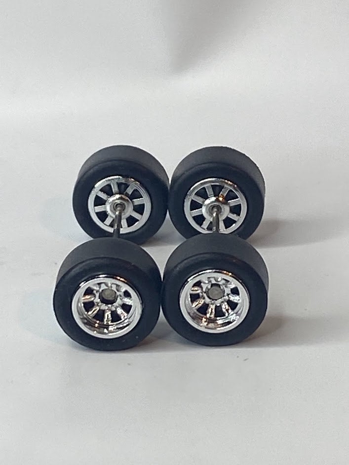 Hot Wheels 10mm/10mm Watanabe Chrome rims 8 spoke rubber tire set ...