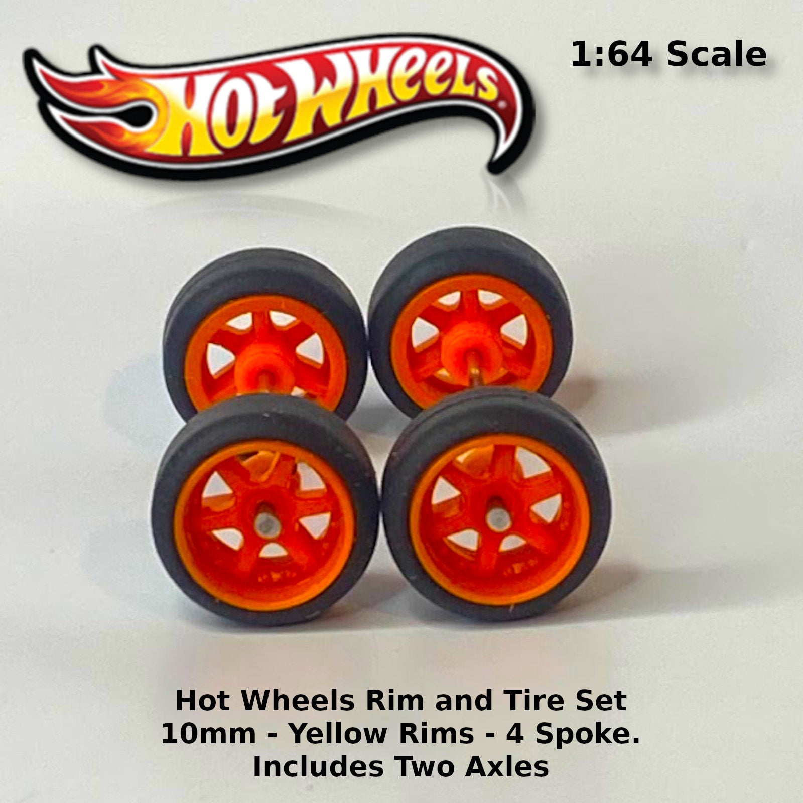 Hot Wheels 10mm/10mm JDM Neon Orange rims 6 spoke rubber tire set ...